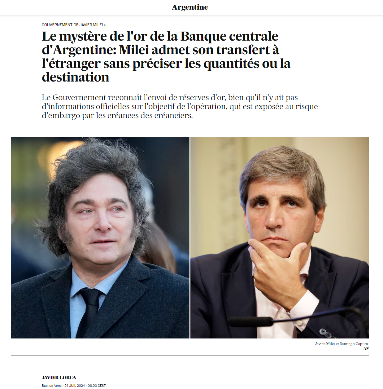 Banksters : X. Milei admet avoir transféré l'or de la banque d ...